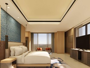Quarto de hotel moderno com uma cama grande, televisão e vista para a cidade.