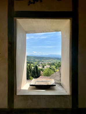 Janela com vista para uma paisagem, incluindo árvores e montanhas ao longe.