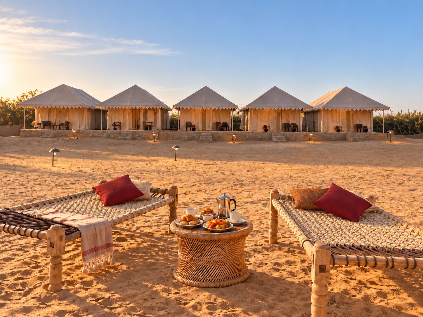 Resort no deserto com várias tendas, redes e uma mesa de vime com comida e bebidas.