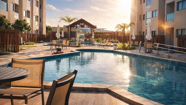 Uma piscina com espreguiçadeiras e guarda-sóis, cercada por uma cerca de madeira e um edifício com várias janelas.