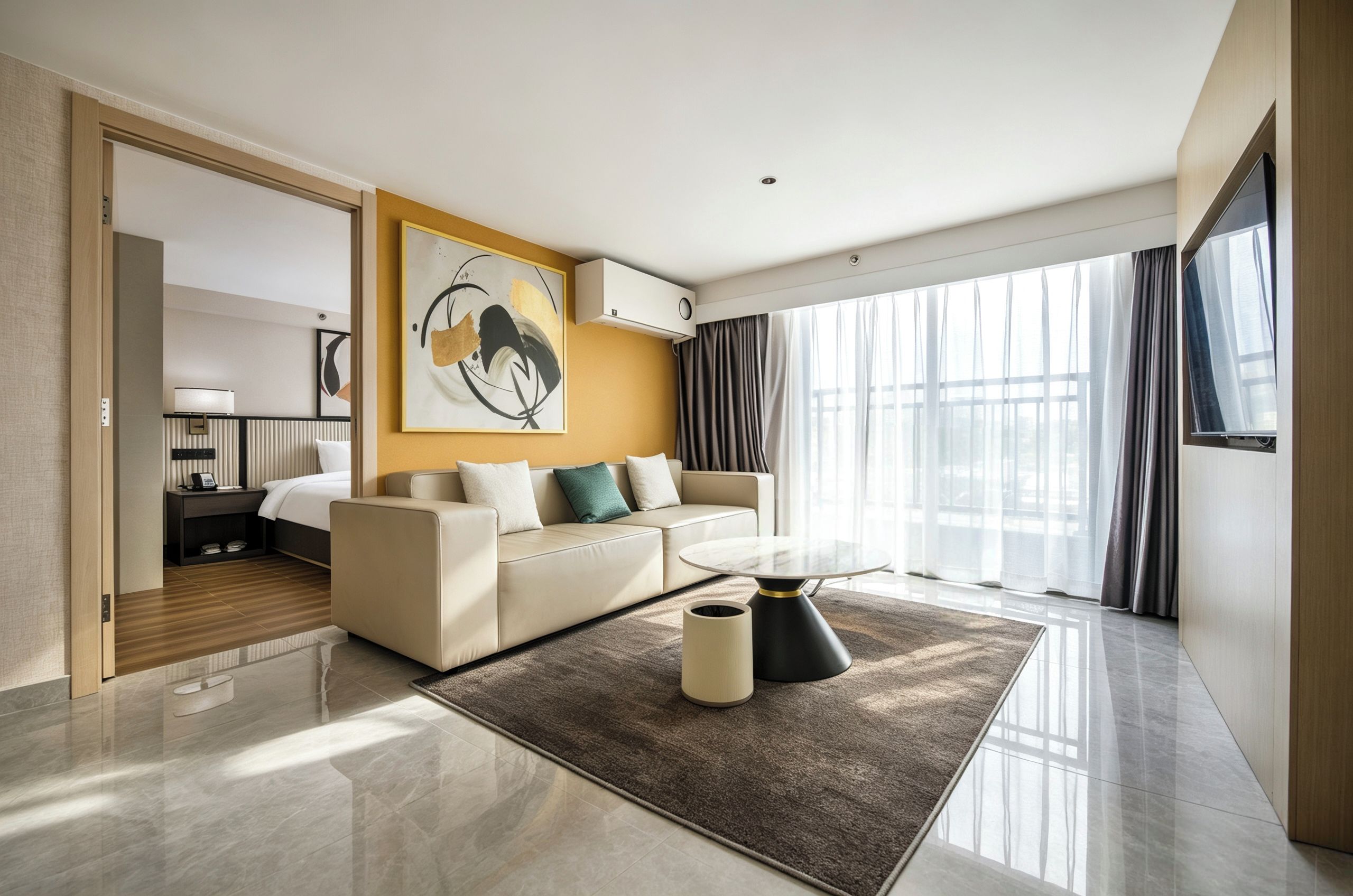 Quarto de hotel moderno com sofá, mesa de centro, pintura e uma janela grande com cortinas.