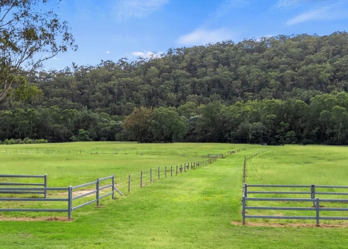 Um campo cercado com céu aberto e uma colina arborizada ao fundo.