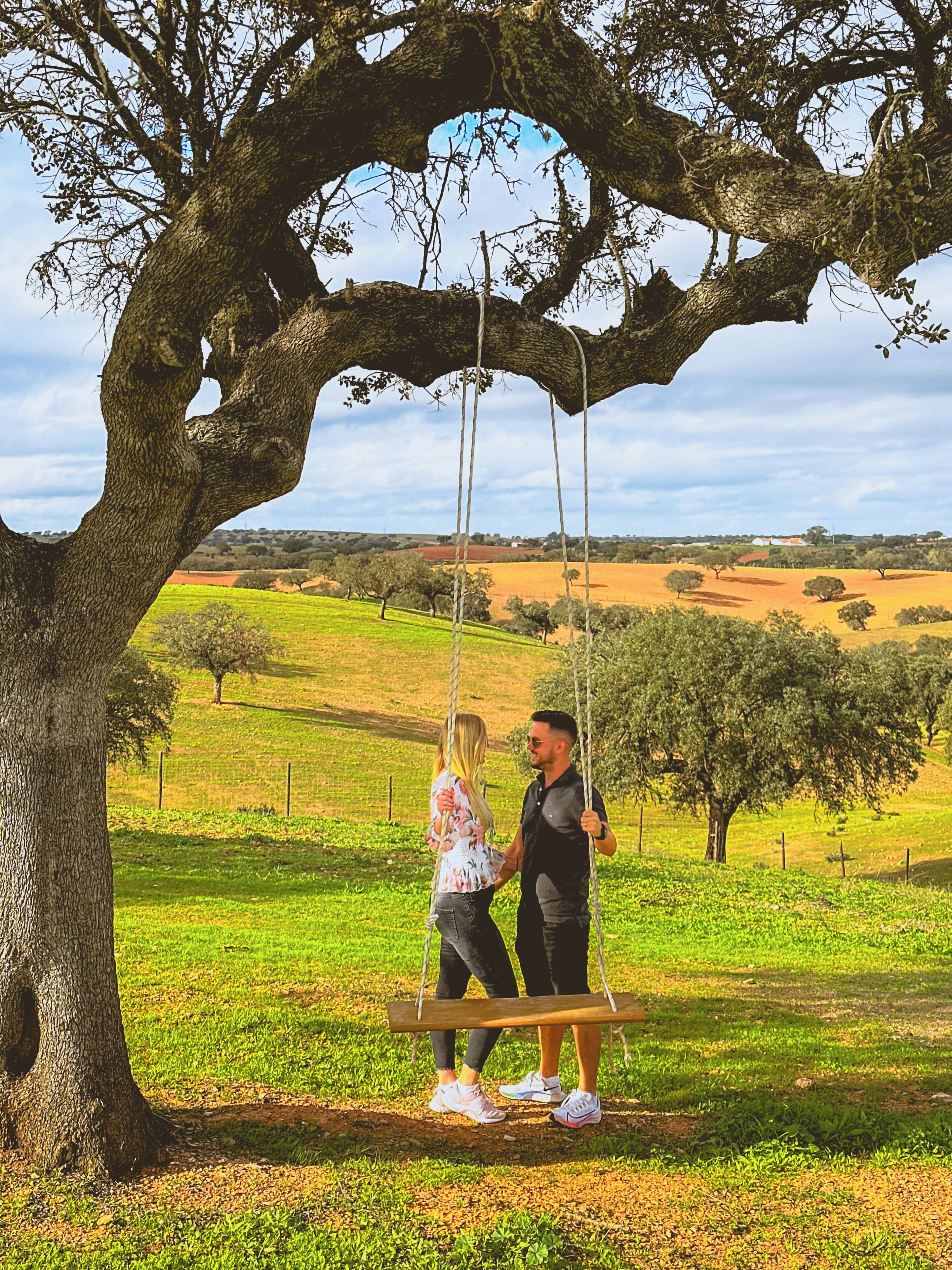 Um casal em um balanço sob uma grande árvore em um campo gramado, com edifícios ao longe.