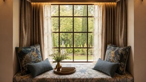 Assento junto à janela com vista para um jardim, um vaso com planta e duas almofadas decorativas.
