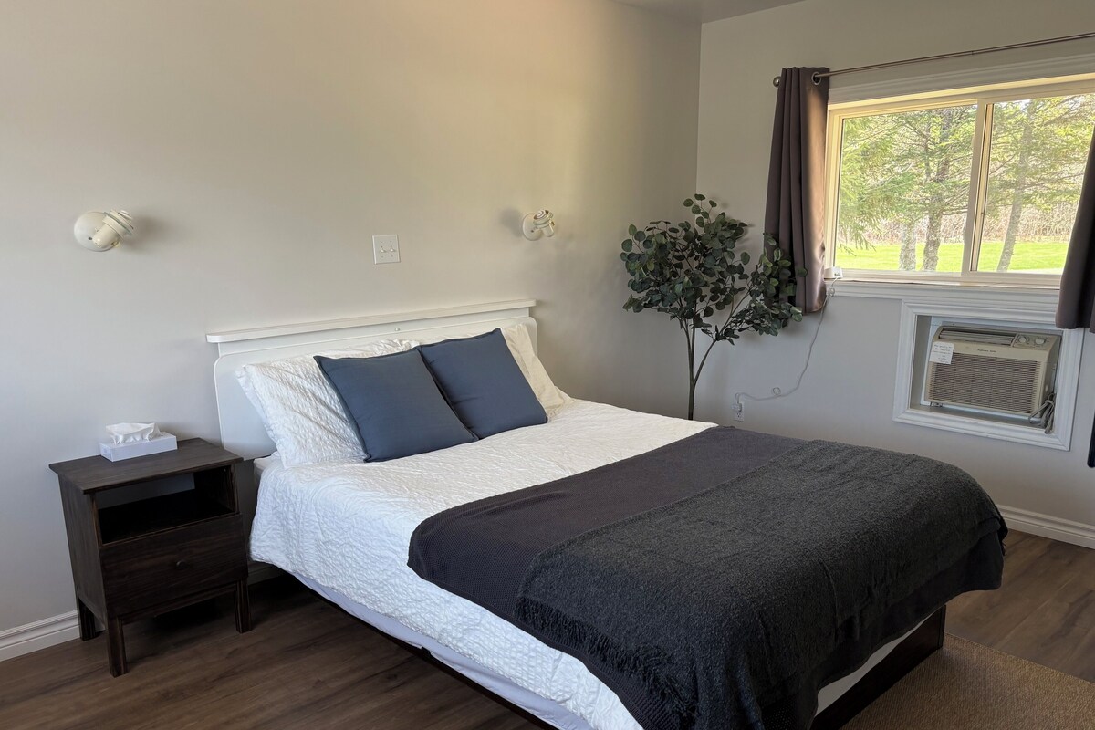 Quarto com cama, mesa de cabeceira, janela e uma planta.