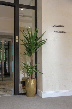 Uma área de recepção com um vaso de planta, uma porta de vidro e placas com os dizeres 'RECEPTION' e 'Café Bar'.