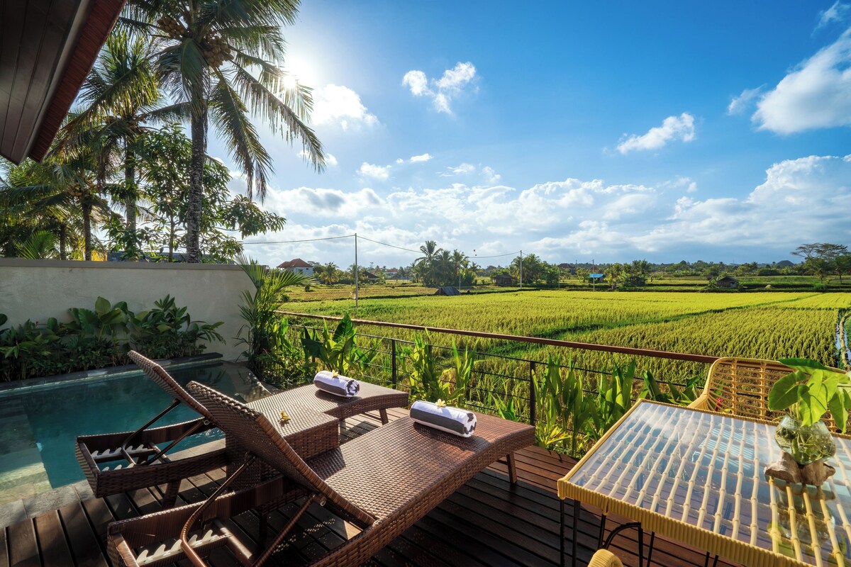 Um terraço com móveis de vime, uma mesa de vidro e vista para um campo de arroz.