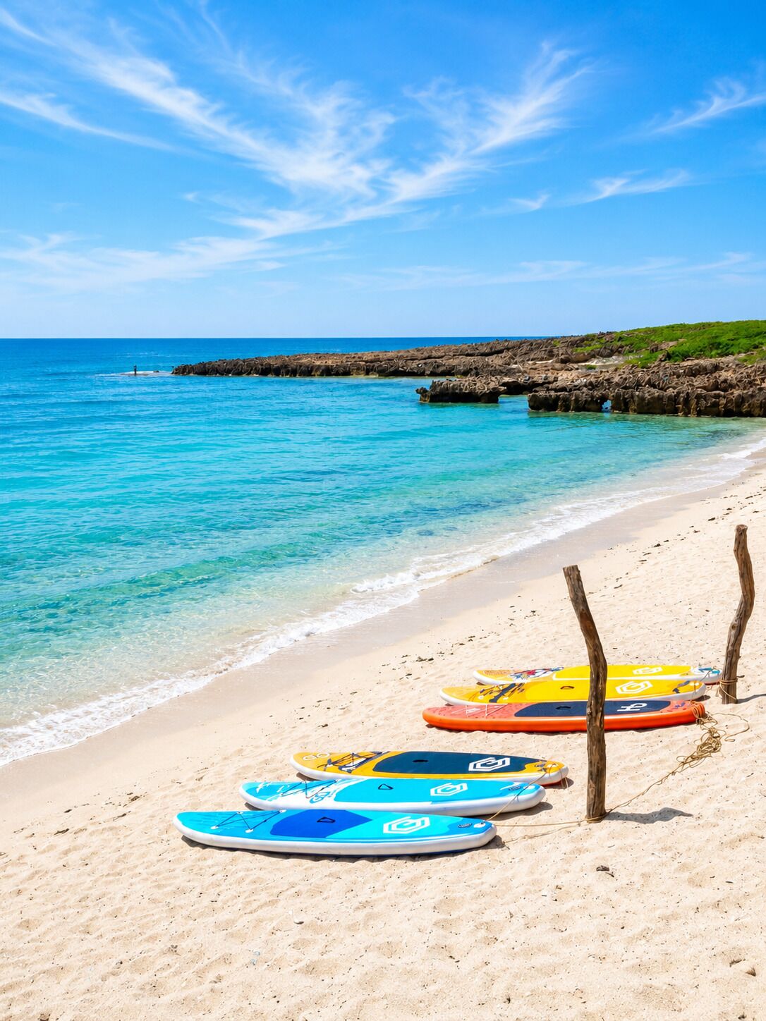 Uma praia com águas turquesa cristalinas e um afloramento rochoso ao longe. Várias pranchas de surf coloridas estão dispostas na areia.