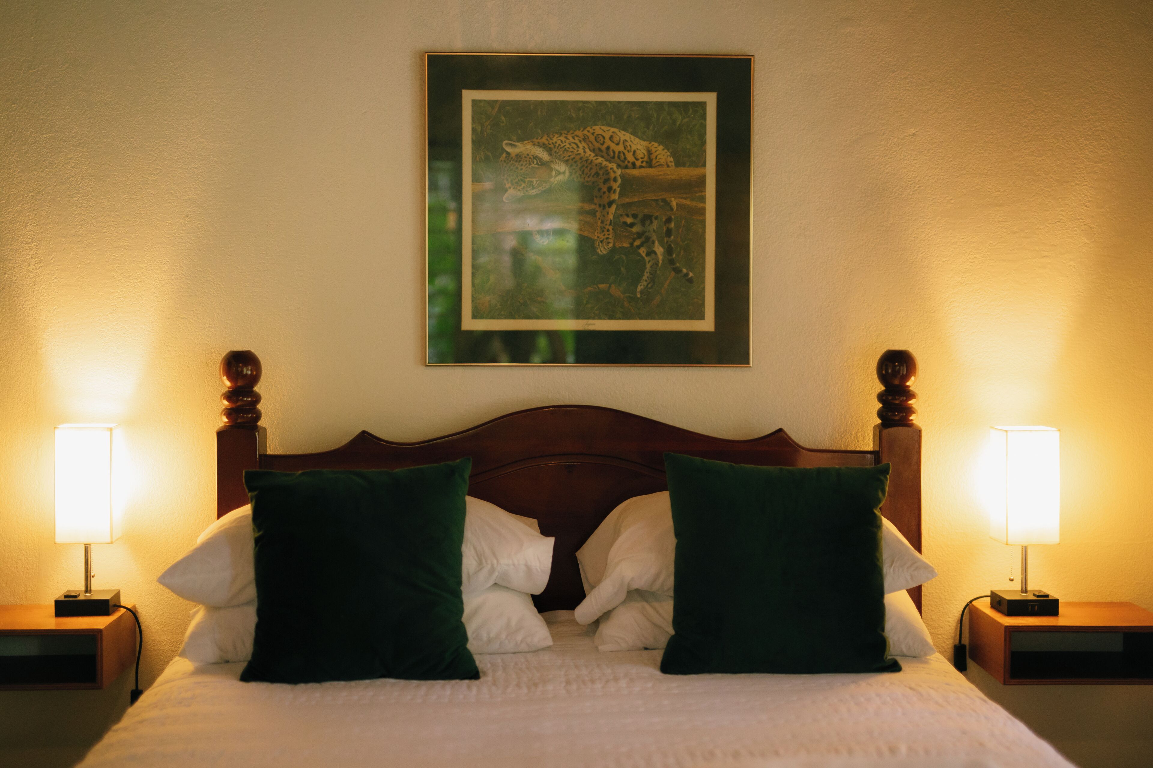 Cama com duas almofadas verdes, um quadro emoldurado acima e duas luminárias de cabeceira de cada lado.