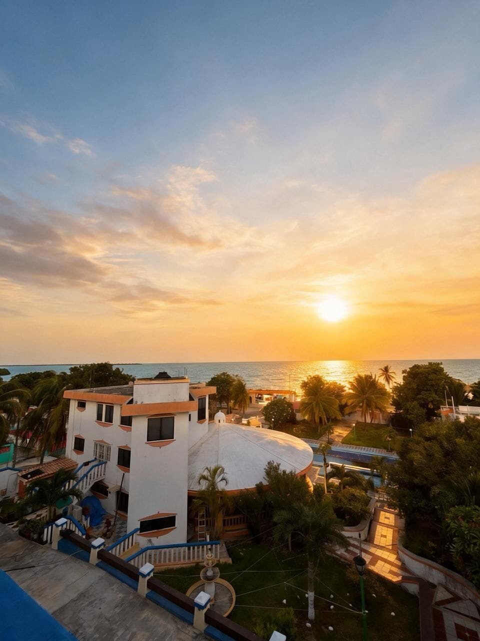 Um resort à beira-mar com um edifício branco, piscina e vista para o pôr do sol sobre o mar.