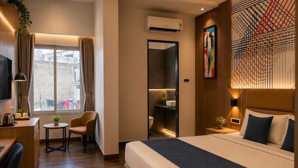 Quarto de hotel moderno com uma cama grande, uma escrivaninha com cadeira, uma pequena mesa com uma planta e vista para o exterior.
