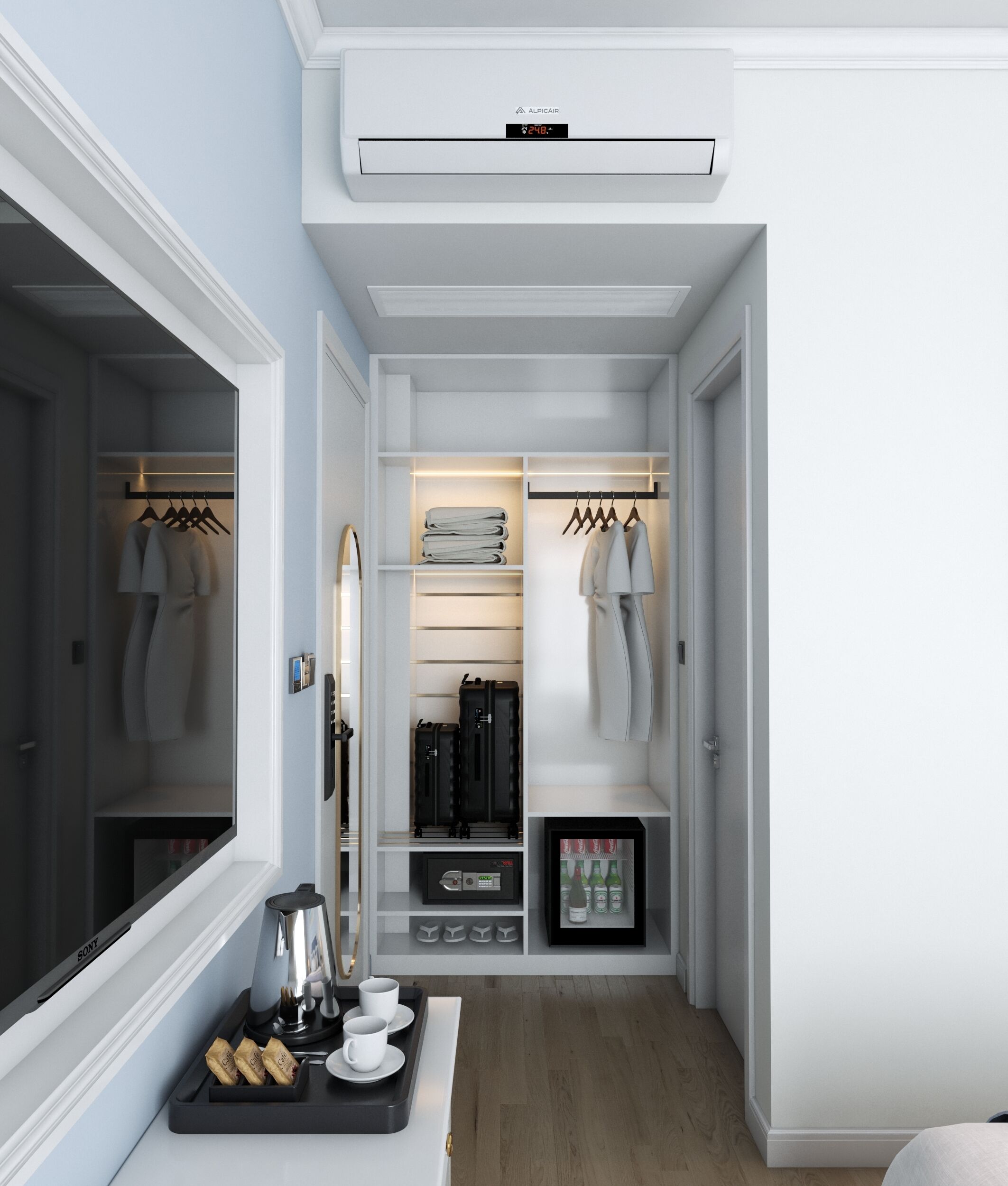 Um guarda-roupa moderno com roupas penduradas, prateleiras e um mini-refrigerador.