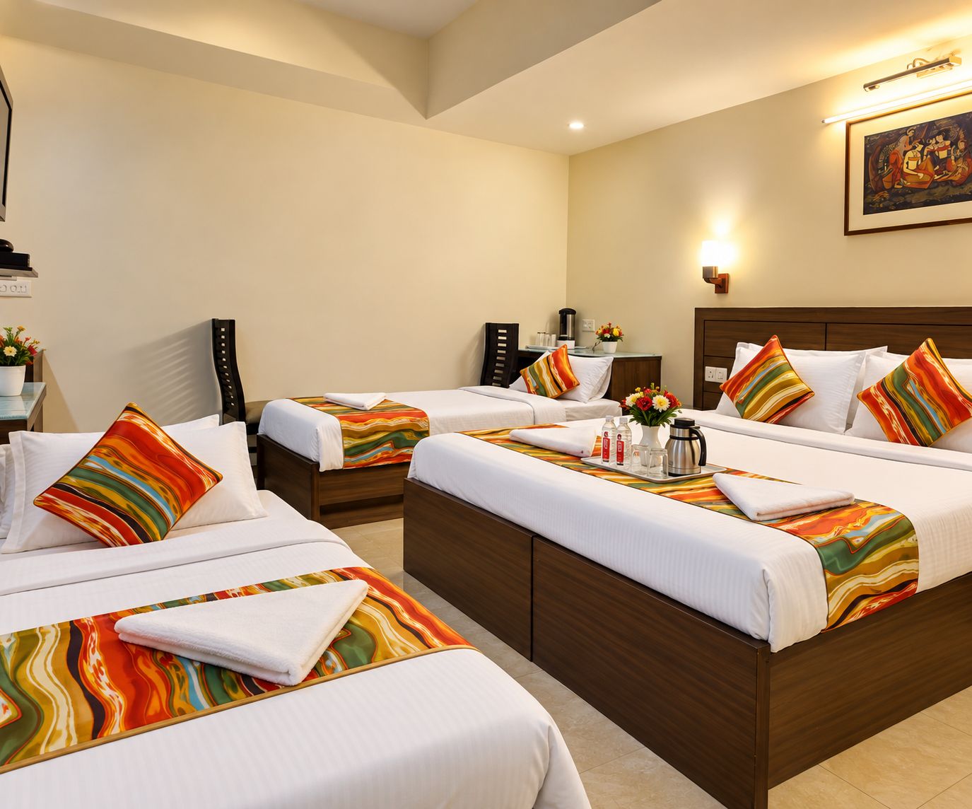Quarto de hotel com quatro camas, cada uma com colcha listrada e almofadas a combinar. Há uma cafeteira na mesa de cabeceira, um vaso com flores e um quadro na parede.