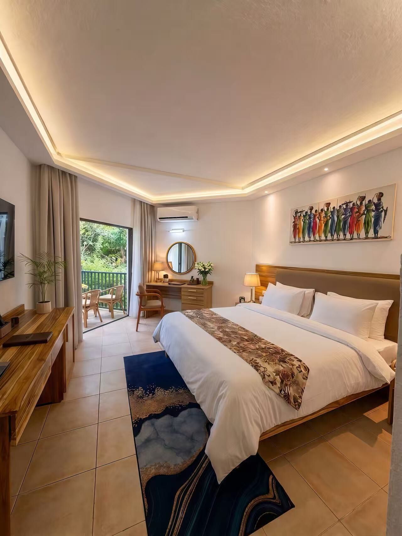 Quarto de hotel com uma cama grande, uma escrivaninha, uma cadeira, uma televisão e um quadro na parede.