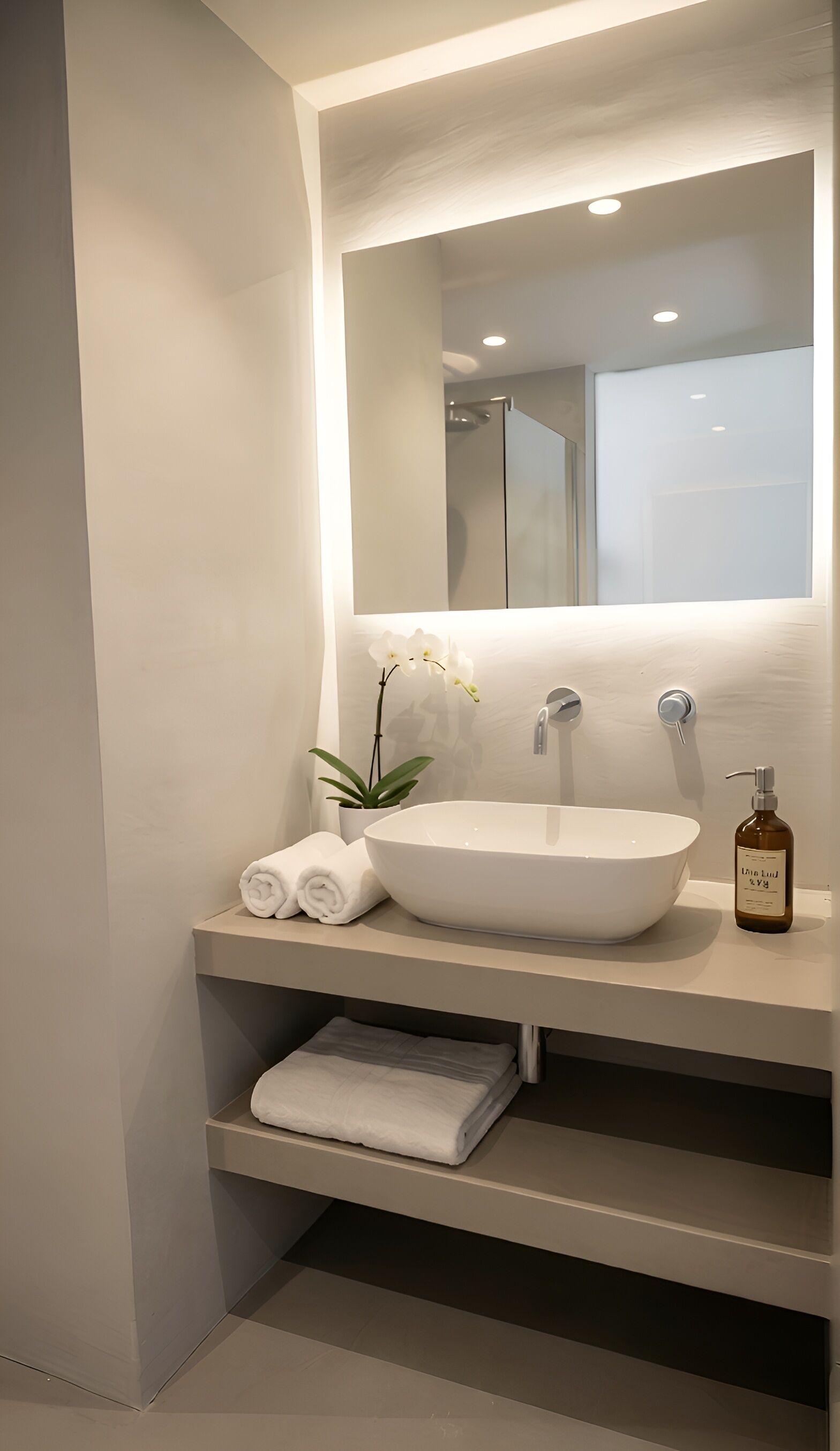Casa de banho moderna com uma grande pia branca, um espelho em cima e uma pequena orquídea em vaso. Há um porta-toalhas com toalhas dobradas e um frasco de sabonete nas mãos no balcão.