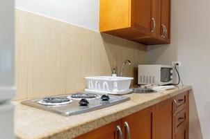 Cozinha equipada com fogão, micro-ondas e pia.