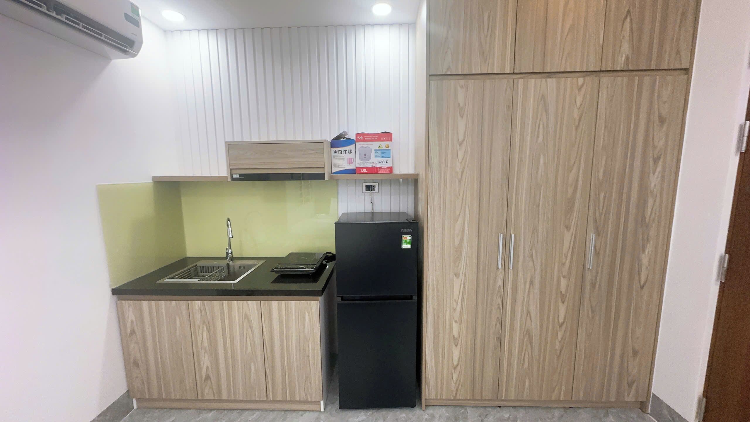 Apartamento Deluxe, 1 cama king-size, Vista para a cidade | Cozinha privada | Um frigorífico/congelador grande, uma placa de cozinha 