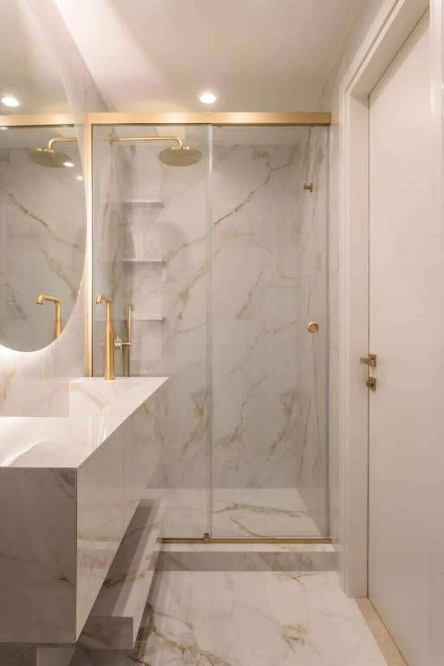 Um banheiro moderno com toucador de mármore, chuveiro com divisória de vidro e porta branca.