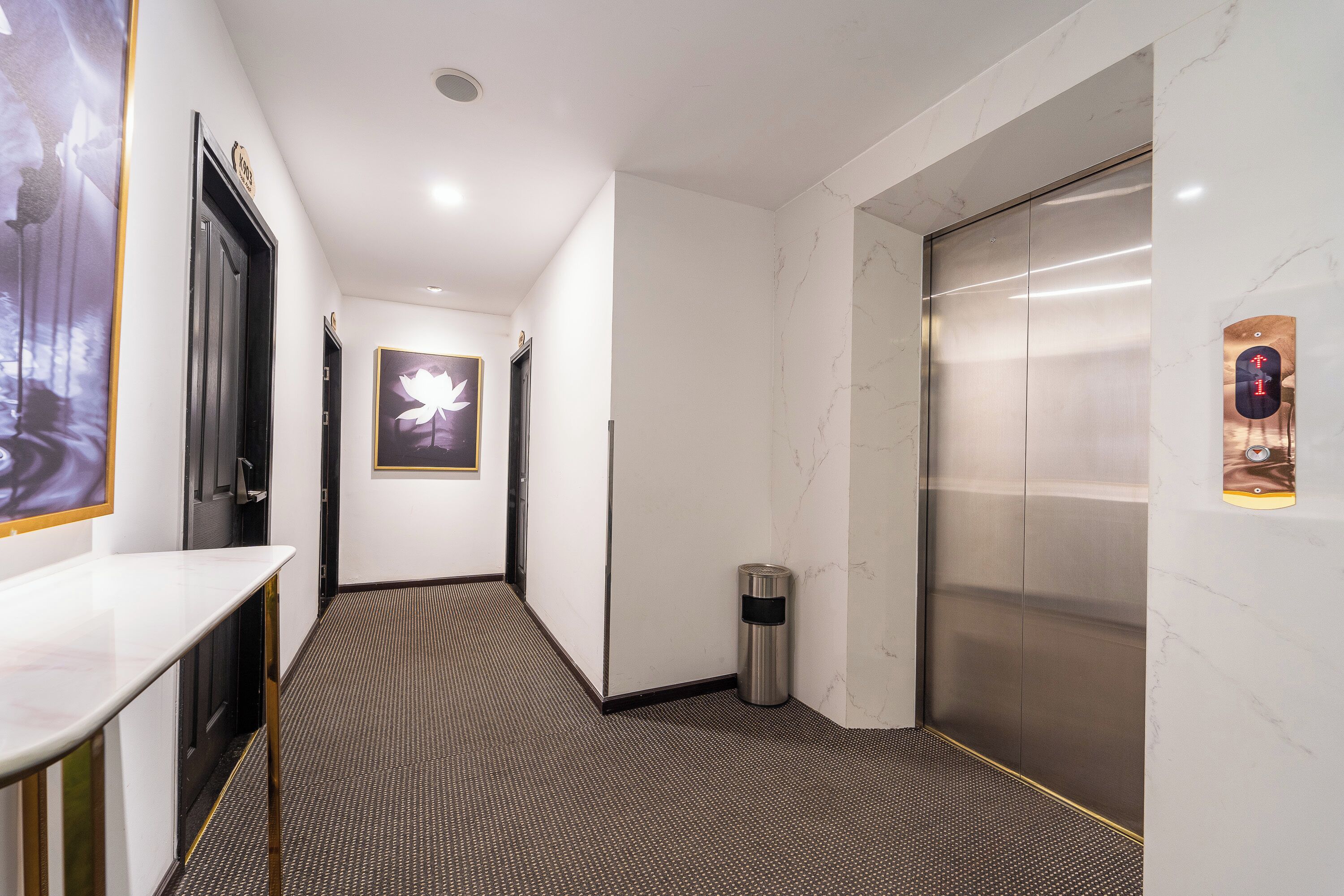 Um corredor com parede de mármore, um cesto de lixo, um elevador e um quadro pendurado na parede.