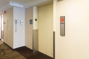 Corredor de hotel com piso carpetado, um telefone, um alarme de incêndio e um painel de controle de elevador.