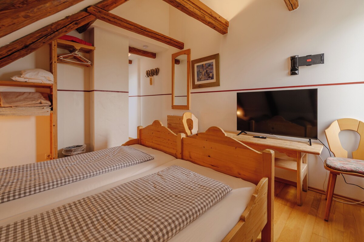Quarto com duas camas de madeira, uma escrivaninha com cadeira, televisão e um espelho na parede.