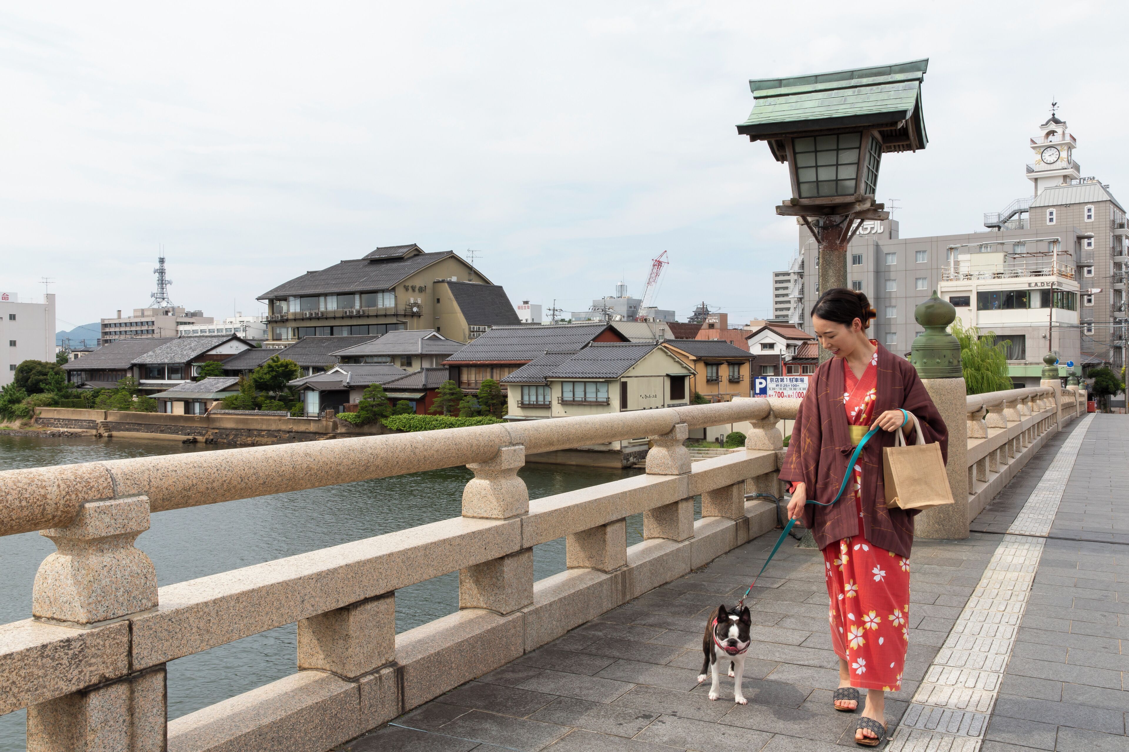 Uma ponte com grade de pedra, uma pessoa passeando com um cachorro e edifícios ao fundo.