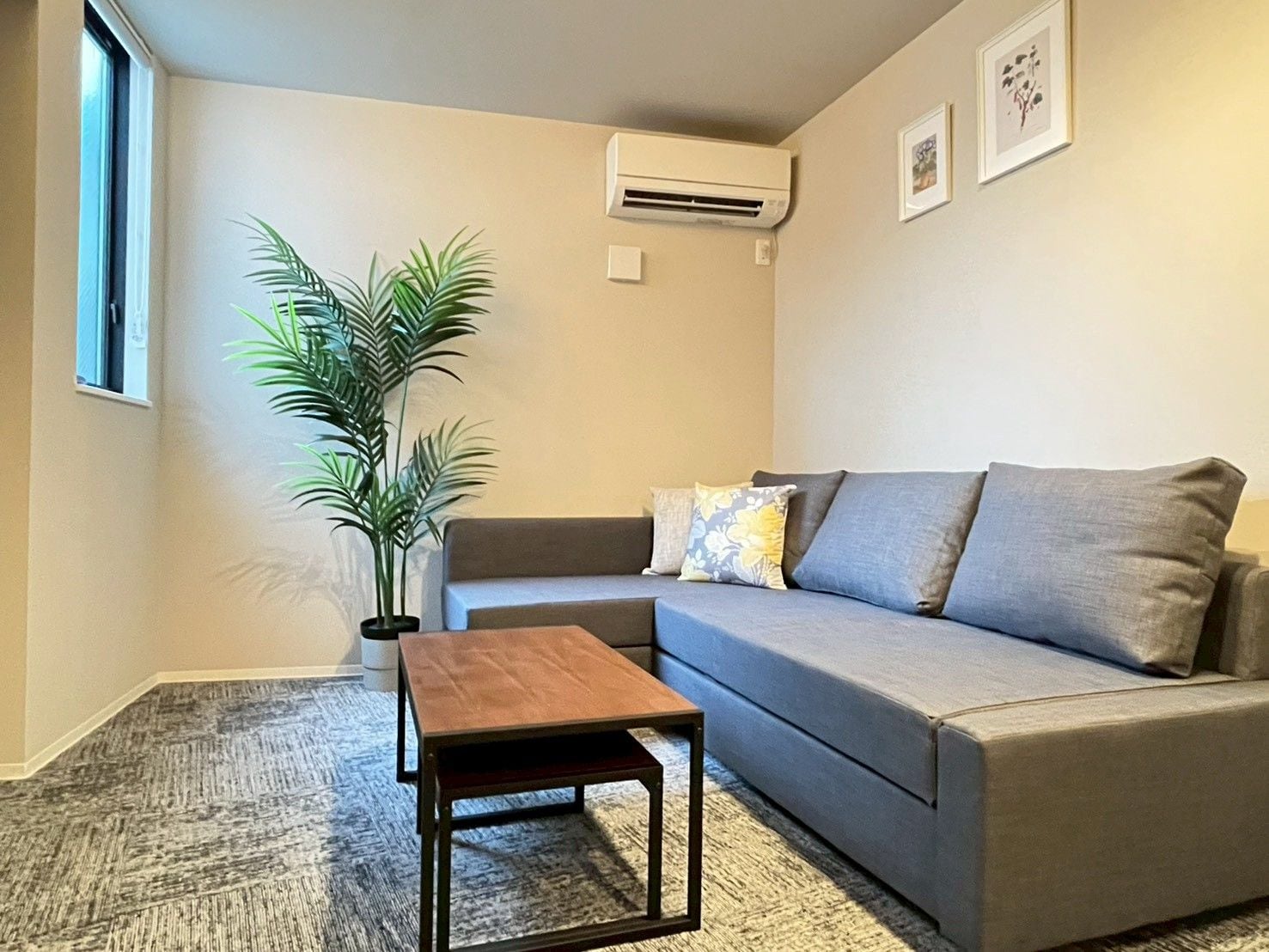Sala de estar com sofá, uma mesinha, planta em vaso e aparelho de ar condicionado.