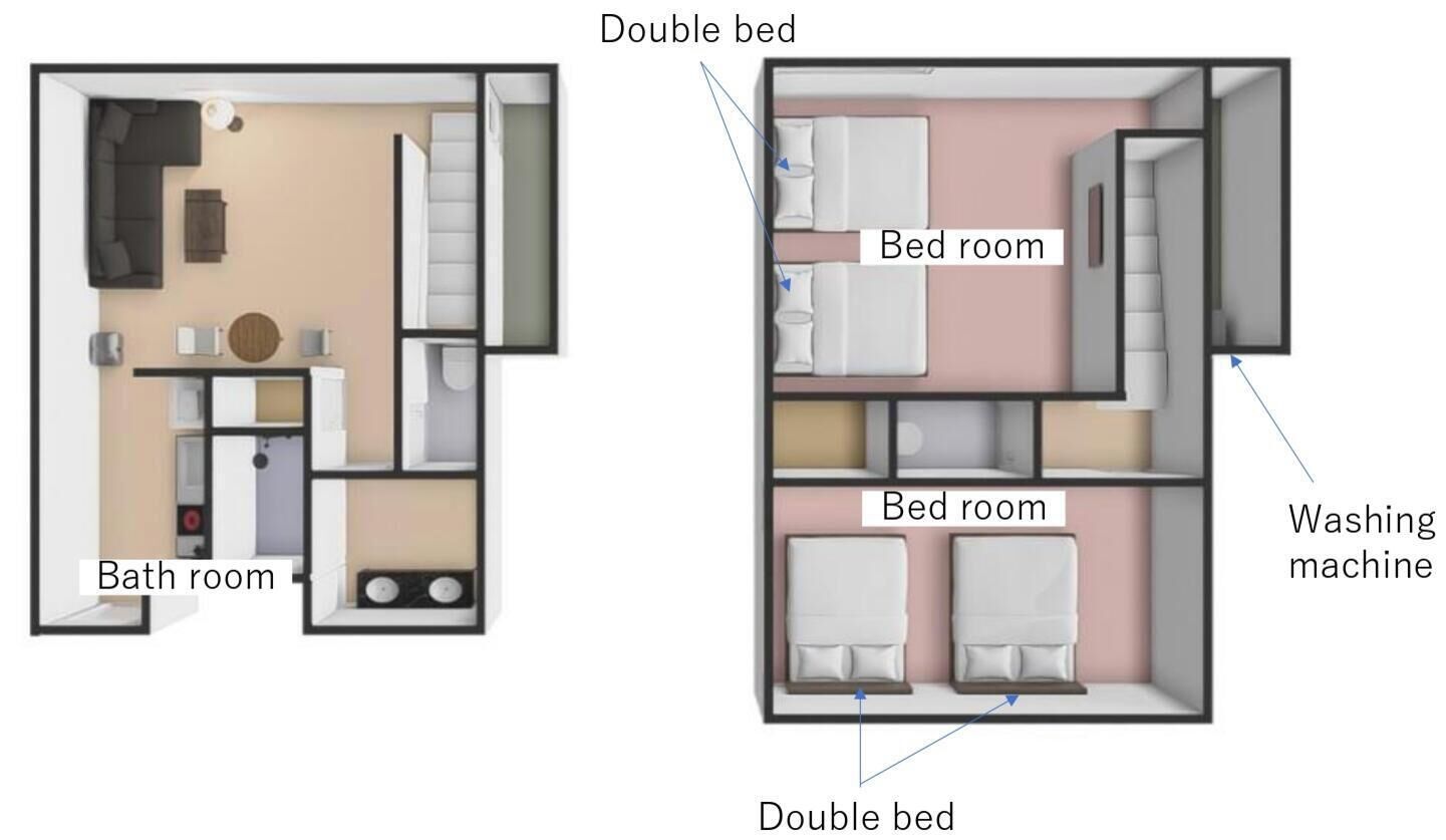 Planta baixa com uma cama de casal, máquina de lavar e banheiro.