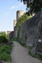 Um caminho estreito que leva a uma parede de pedra com uma torre.