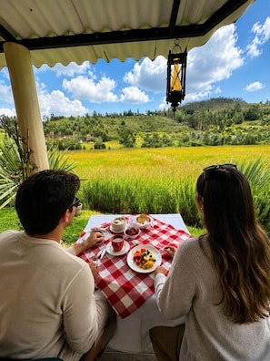 Um casal jantando à mesa com toalha quadriculada, em meio a uma paisagem verdejante e sob um céu claro.