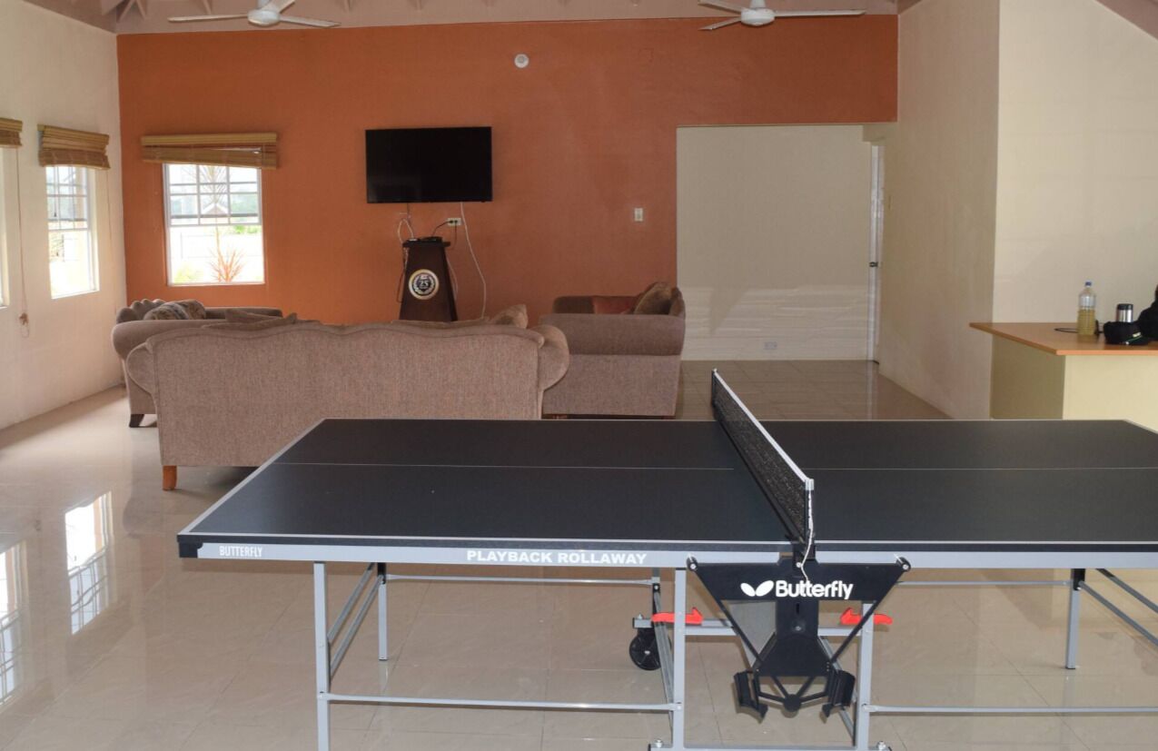 Quarto com mesa de pingue-pongue, sofá, televisão e alto-falante.