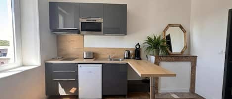 Apartamento Exclusivo, casa de banho privativa, vista para o parque | Cozinha privada | Minifrigorífico, um forno, uma placa de cozinha, uma cadeira de bebé