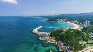 Uma área costeira com um paredão rochoso, águas azul-claras e uma combinação de paisagens naturais e urbanas.