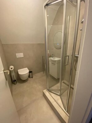 Uma casa de banho moderna com cabine de duche em vidro, sanita e lavatório.