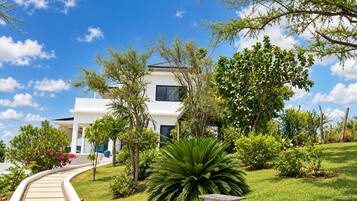 Uma casa moderna de dois andares com uma entrada em curvas, cercada por vegetação exuberante e um céu azul límpido.