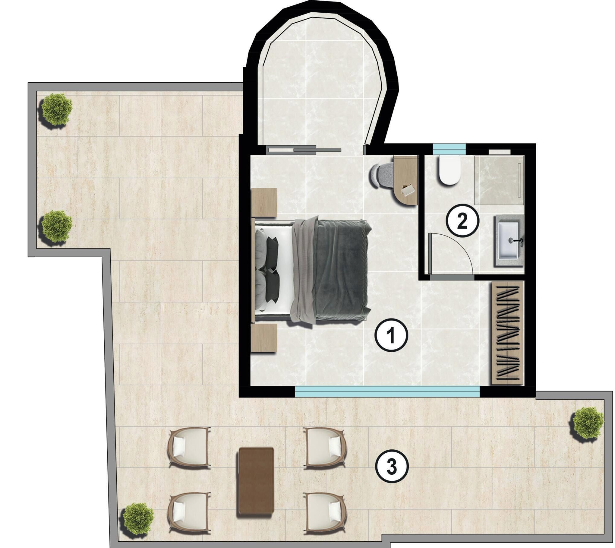 Layout de um quarto de hotel com banheiro, chuveiro, cama e área de estar.