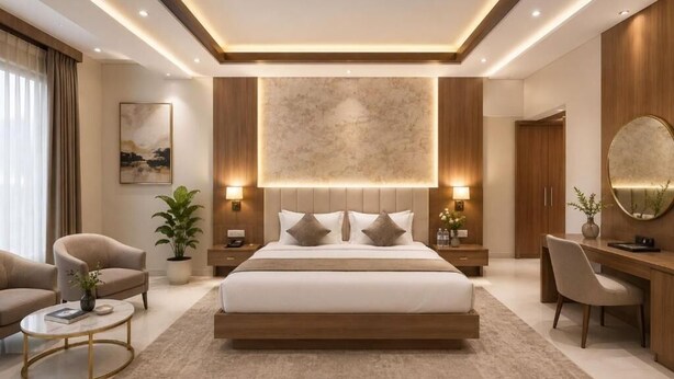 Quarto moderno com uma cama grande, mesas de cabeceira, escrivaninha e uma cadeira.