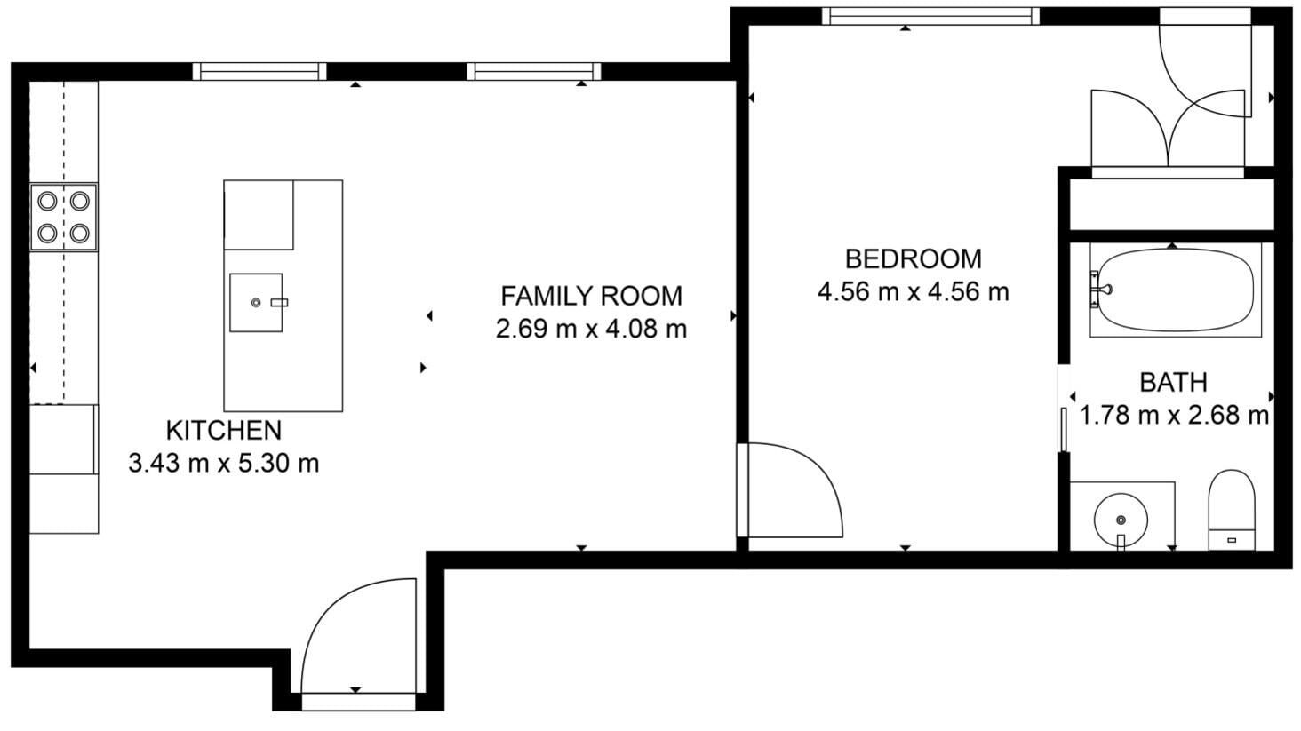 Planta baixa mostrando cozinha, sala de estar, quarto e banheiro. As dimensões da cozinha são 3,43 m x 5,30 m. A sala de estar mede 2,69 m x 4,08 m. O quarto tem 4,56 m x 4,56 m. O banheiro tem dimensões de 1,78 m x 2,68 m.