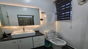 Uma casa de banho com lavatório branco, espelho e sanita.