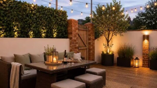 Um pátio externo com um sofá de vime, uma mesa de madeira e vasos com plantas.