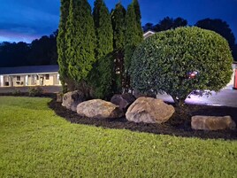 Um jardim ajardinado com gramado bem cuidado, árvore podada e pedras grandes.