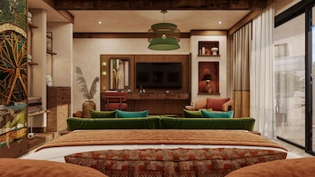 Quarto moderno com uma cama grande, uma TV, um espelho e uma janela com cortinas.