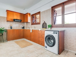 Cozinha com armários de madeira, máquina de lavar, cafeteira e um vaso com planta.