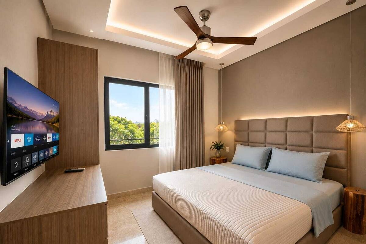 Apartamento Deluxe, 2 quartos, varanda, vista para o pátio | Cortinas/cortinados opacos, ferro/tábua de engomar, Wi-fi grátis