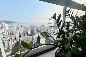 Vista da cidade a partir de um arranha-céu com uma grande janela, destacando arquitetura moderna e a vista do mar.