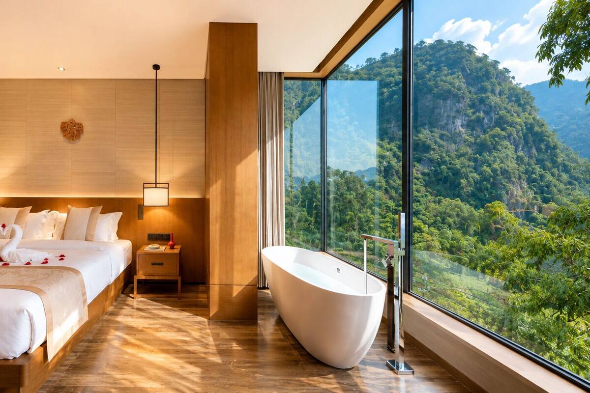 Quarto Duplo Deluxe, vista para a colina | Roupa de alta qualidade, camas de colchão viscoelástico, minibar grátis 