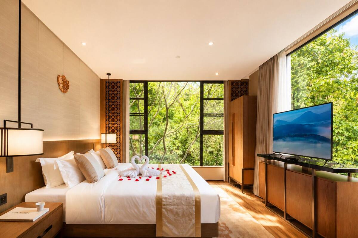 Quarto Duplo Comfort, vista para a colina | Roupa de alta qualidade, camas de colchão viscoelástico, minibar grátis 