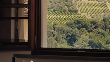 Uma mesa com uma garrafa de vinho e um copo, uma tigela e uma janela com vista para um vinhedo.