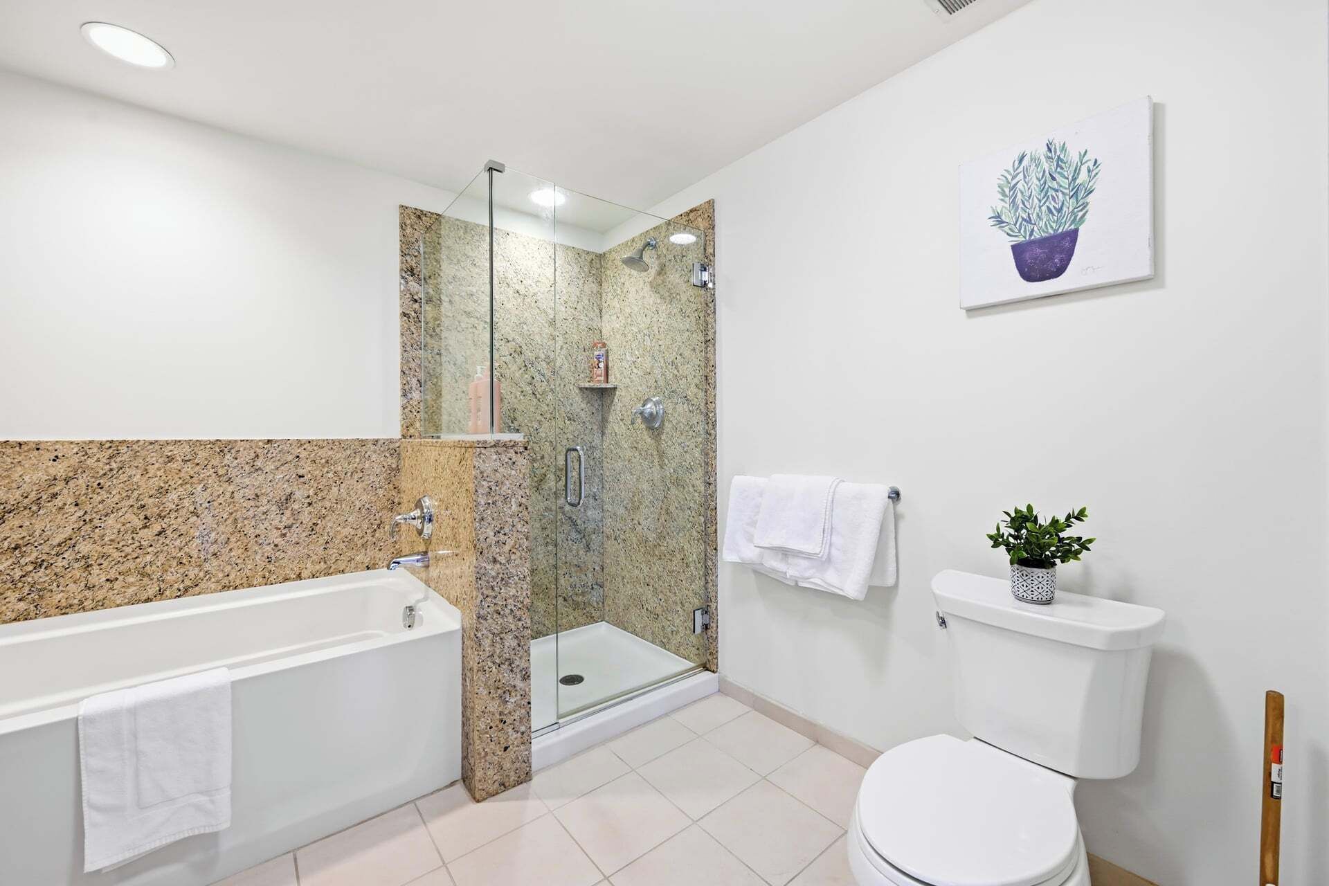 Uma casa de banho moderna com banheira, chuveiro, sanita e área de duche envidraçada.