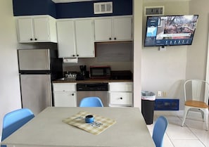 Uma cozinha compacta com armários brancos, micro-ondas e geladeira. Uma televisão na parede exibe a previsão do tempo.